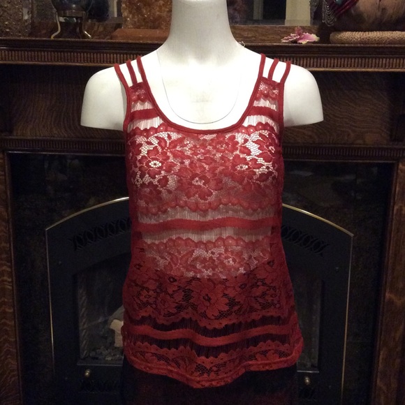 Tops | Sale Sheer Red Lace Tank Top | Poshmark